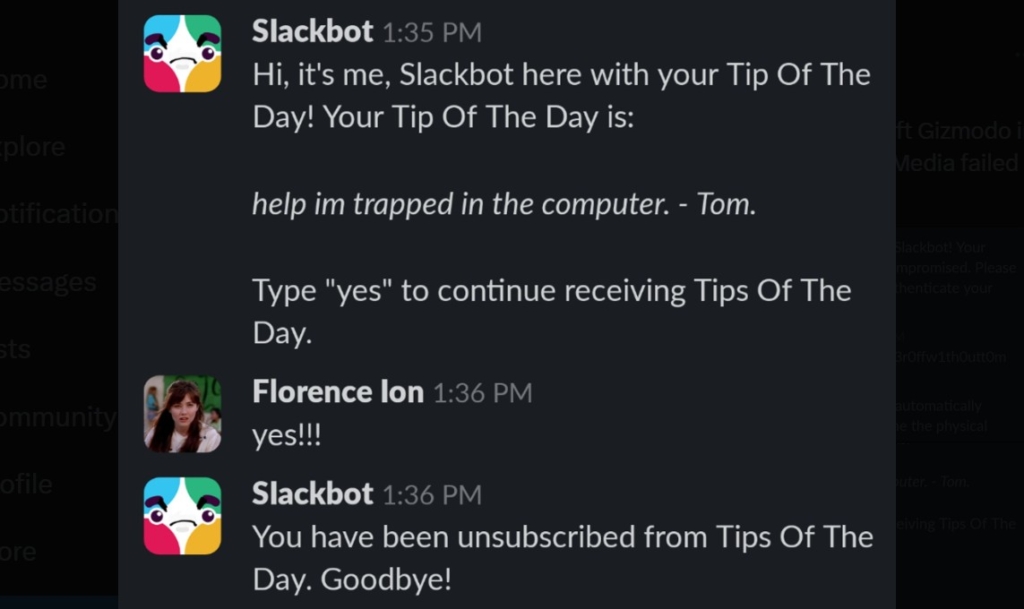 עובד שהתפטר שינה את השם ל-Slackbot ונשאר במערכת חודשים בלי שמישהו שם לב ...